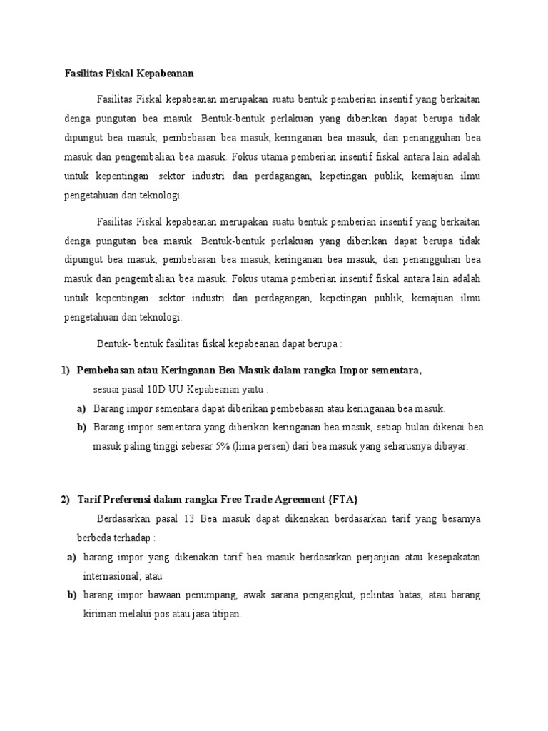 Fasilitas Fiskal Kepabeanan | PDF