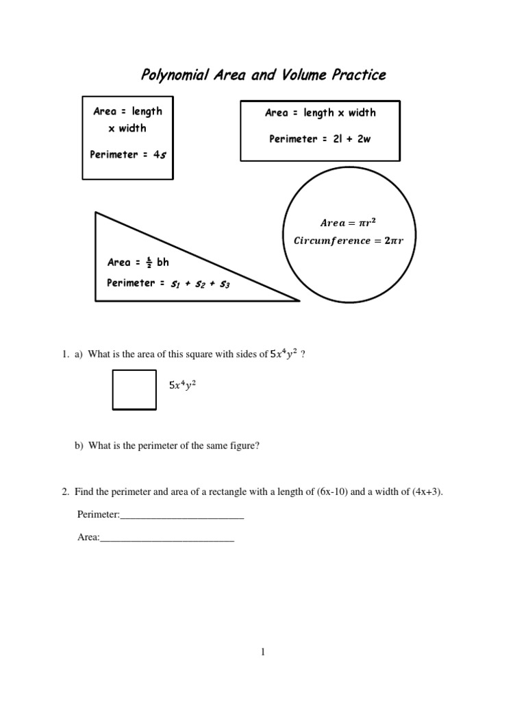 Area and Perimeter With Polynomials Worksheet | PDF | Area | Length