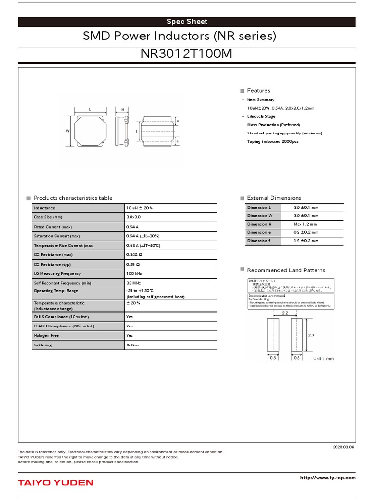 SMD Power Inductors (NR Series) NR3012T100M: Spec Sheet | PDF ...