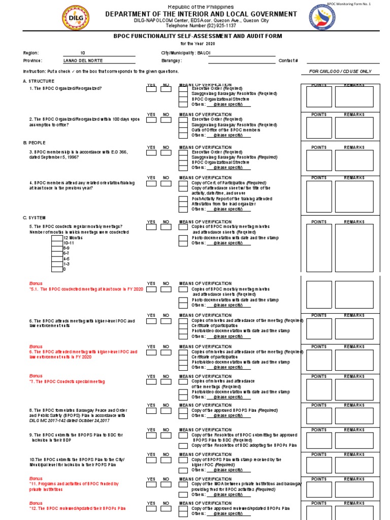 BPOC SELF-ASSESSMENT AND AUDIT FORM (BPOC Form 1) | PDF | Evaluation ...