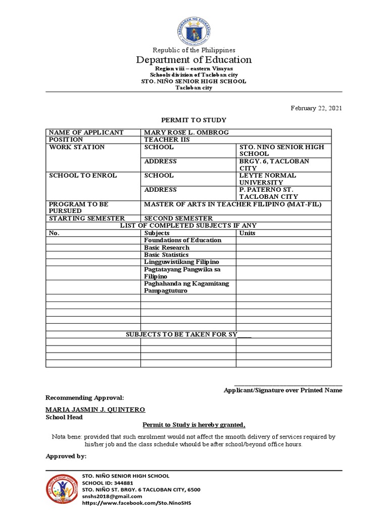 Permit to Study for Teacher at Sto. Niño SHS | PDF | Philippines | Schools