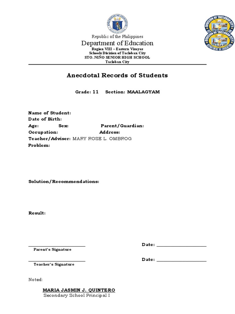 Student Anecdotal Record Template | PDF