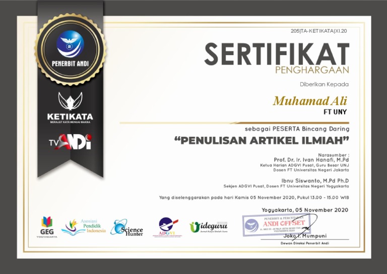 Sertifikat Pelatihan Penulisan Artikel Ilmiah | PDF