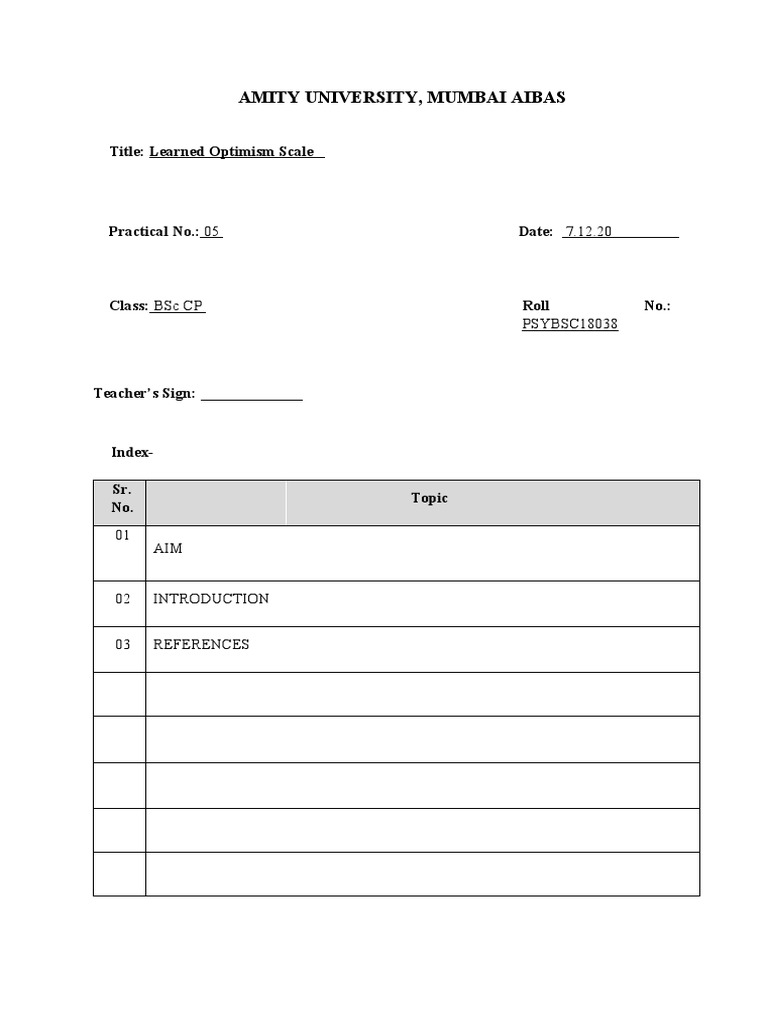 Amity University, Mumbai Aibas: Title: Learned Optimism Scale | PDF ...