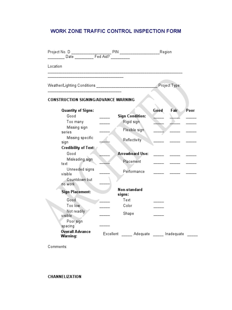 Work Zone Traffic Control Inspection Form | PDF | Traffic | Road ...