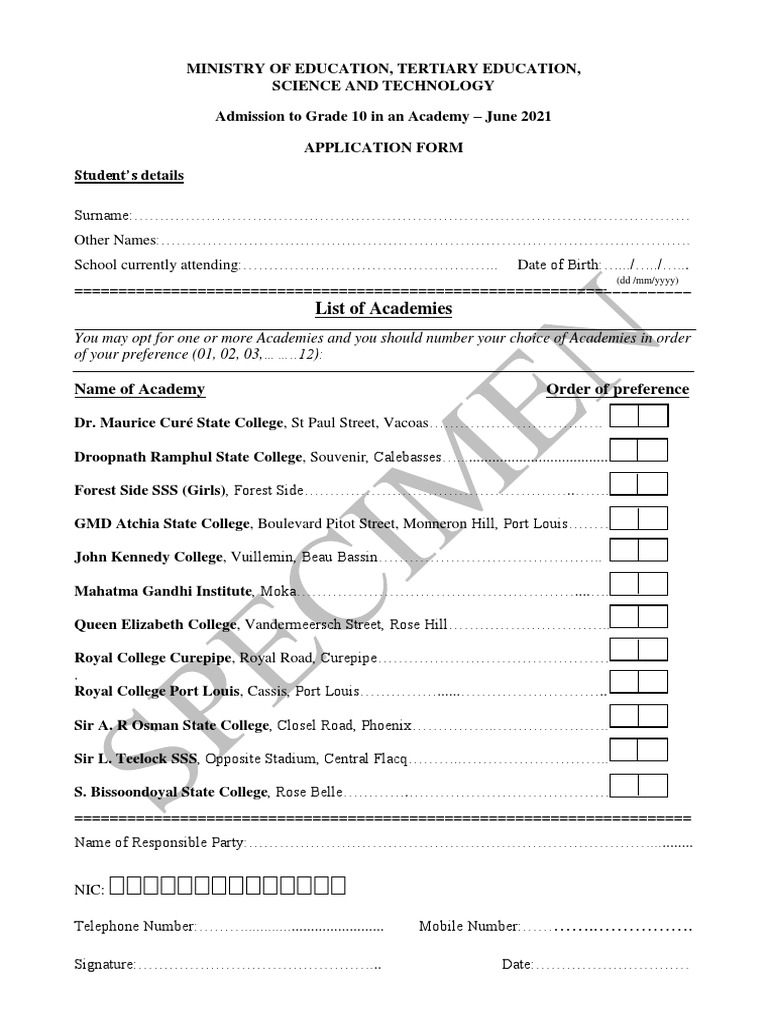 Specimen Application Form For A Seat in Grade 10 (2021-22) in An Academy Final | PDF | Teaching ...