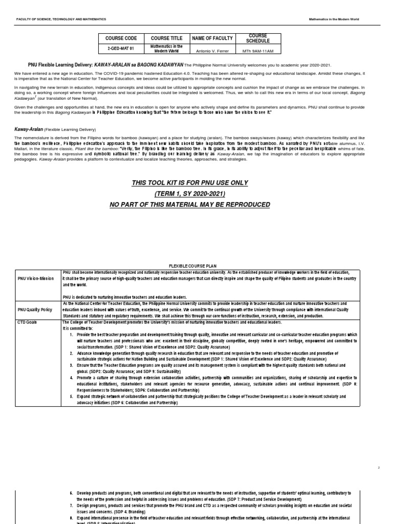 Course Plan 2GED-MAT-01 (Mathematics in The Modern World) | PDF | Teacher Education | Teaching ...