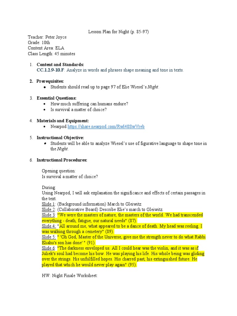 Night Figurative Language | PDF | Differentiated Instruction | Question