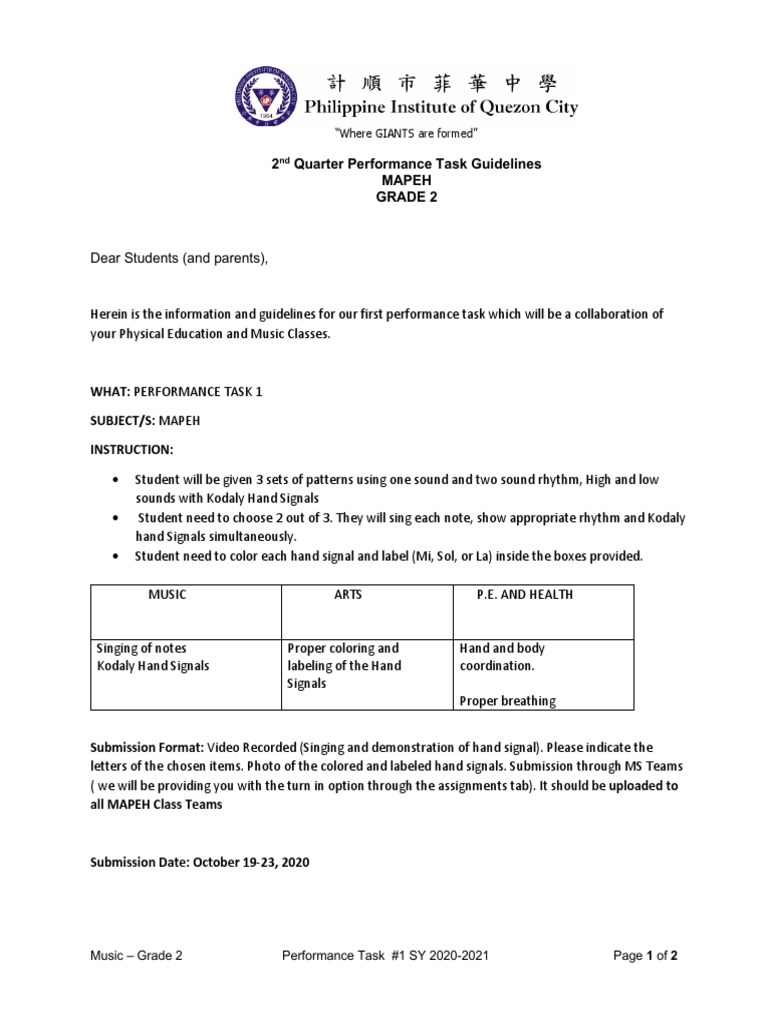 Grade 2 MAPEH Performance Task Guide | PDF