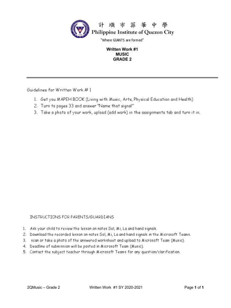 Grade 2 Music Written Work Guidelines | PDF