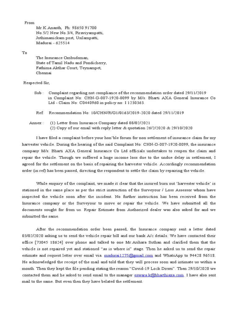 Ombudsman Complaint | PDF | Insurance | Justice