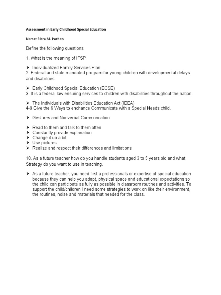 Name: Rizza M. Pacheo: Assessment in Early Childhood Special Education ...