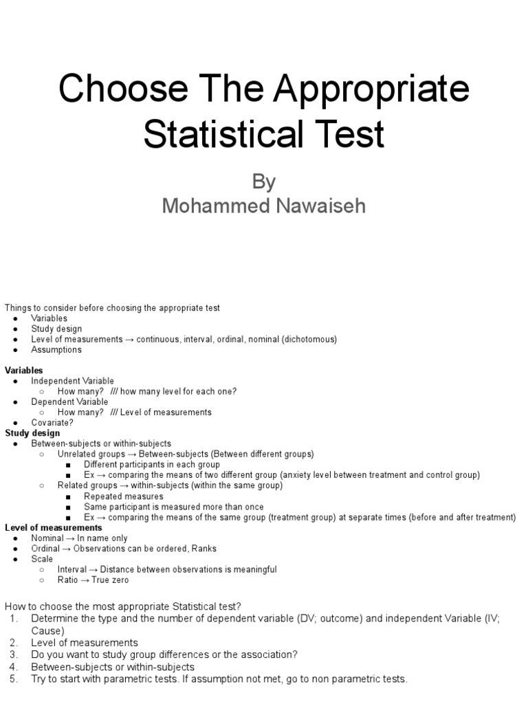 Choose The Appropriate Statistical Test | PDF | Analysis Of Covariance ...