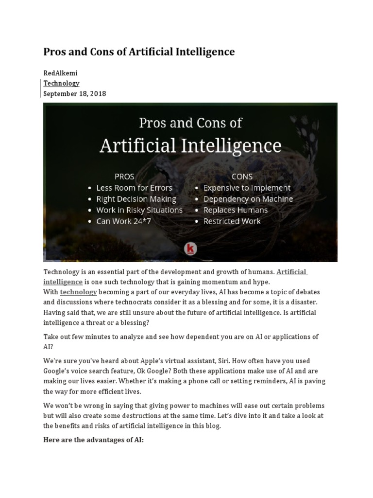 Pros and Cons of Artificial Intelligence | PDF | Artificial ...