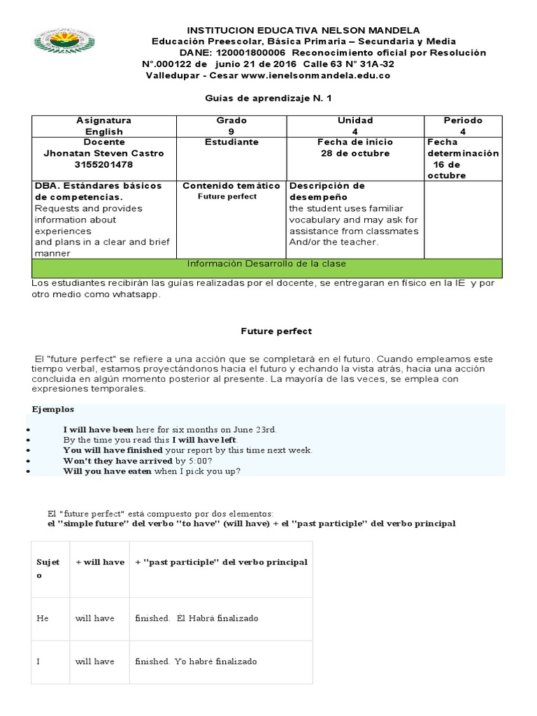 Guía de Aprendizaje: Future Perfect en Inglés | PDF | Idiomas ...