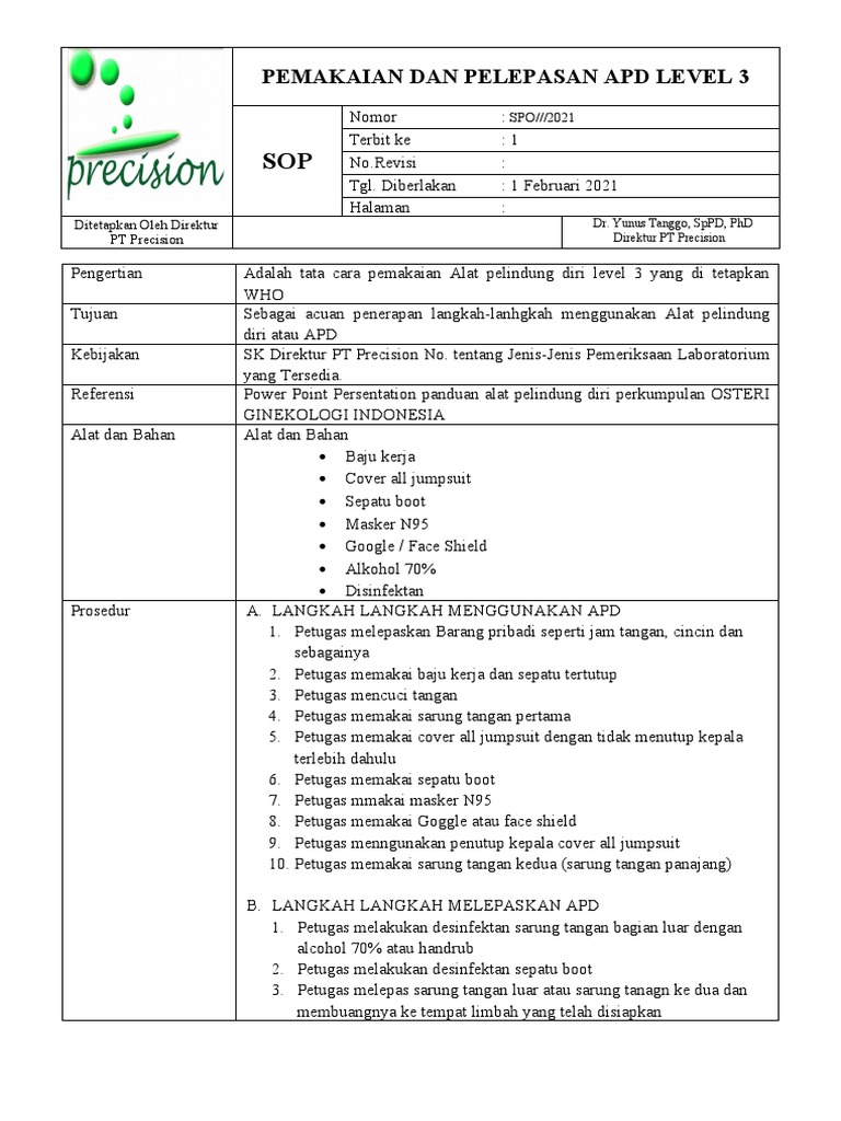 SOP Pemakaian APD Level 3 | PDF