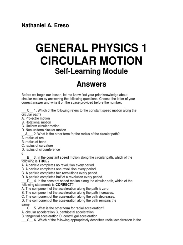 General Physics 1 Circular Motion: Self-Learning Module Answers | PDF ...