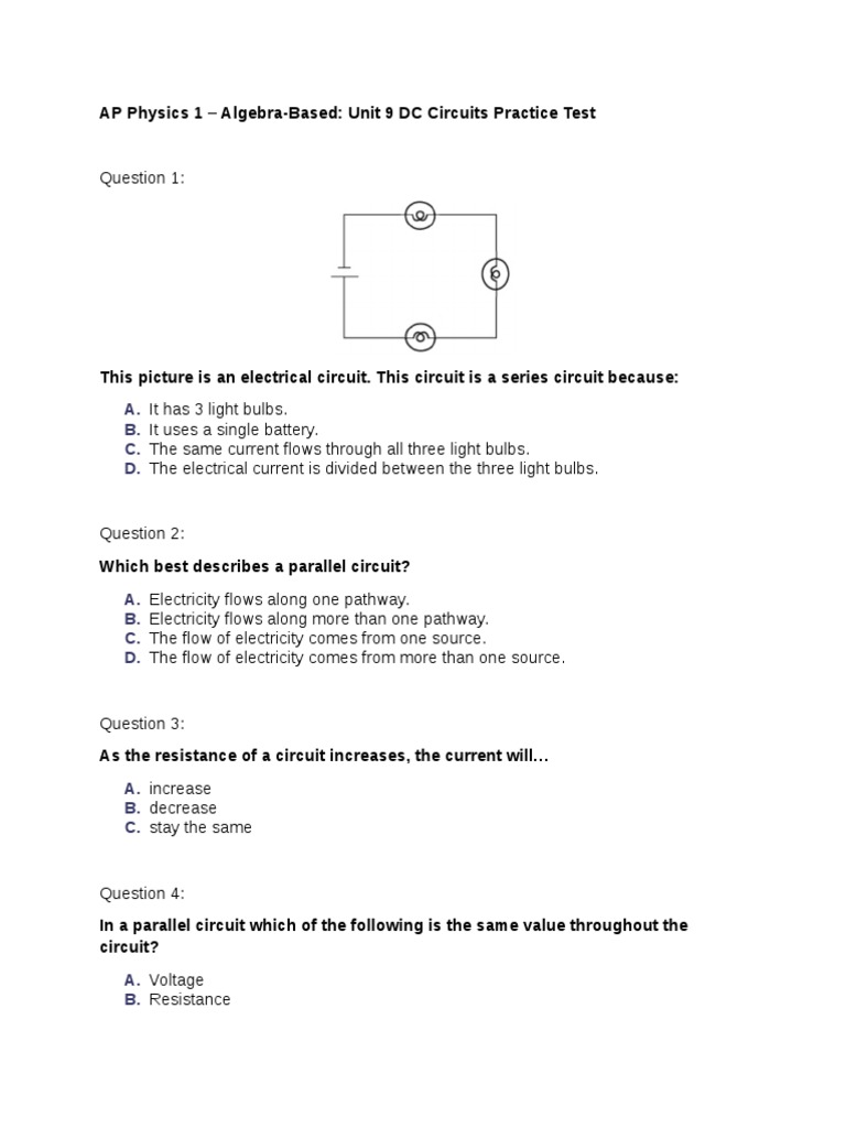 AP Physics 1 Algebra Based Unit 9 DC Circuits | PDF | Electrical ...