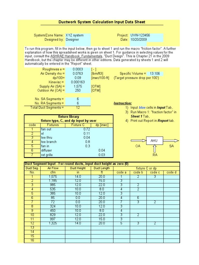 Ductwork System Calculation Input Data Sheet: Fixture Library Fixture ...