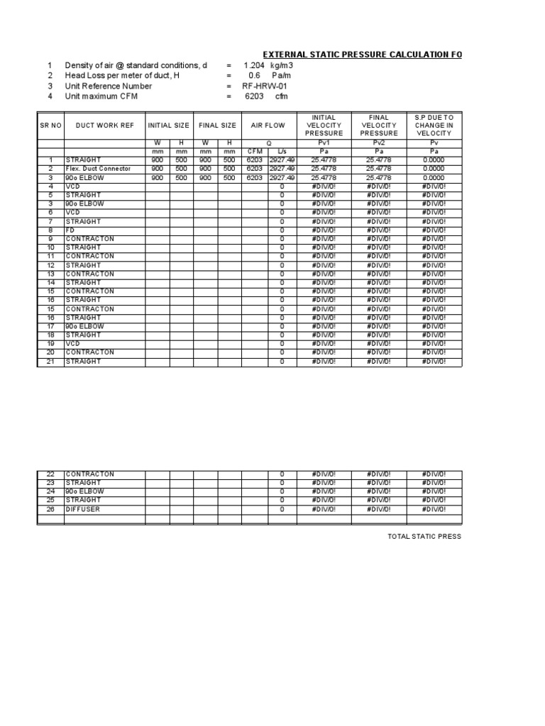 Static Pressure Calculation-1 | PDF | Duct (Flow) | Civil Engineering