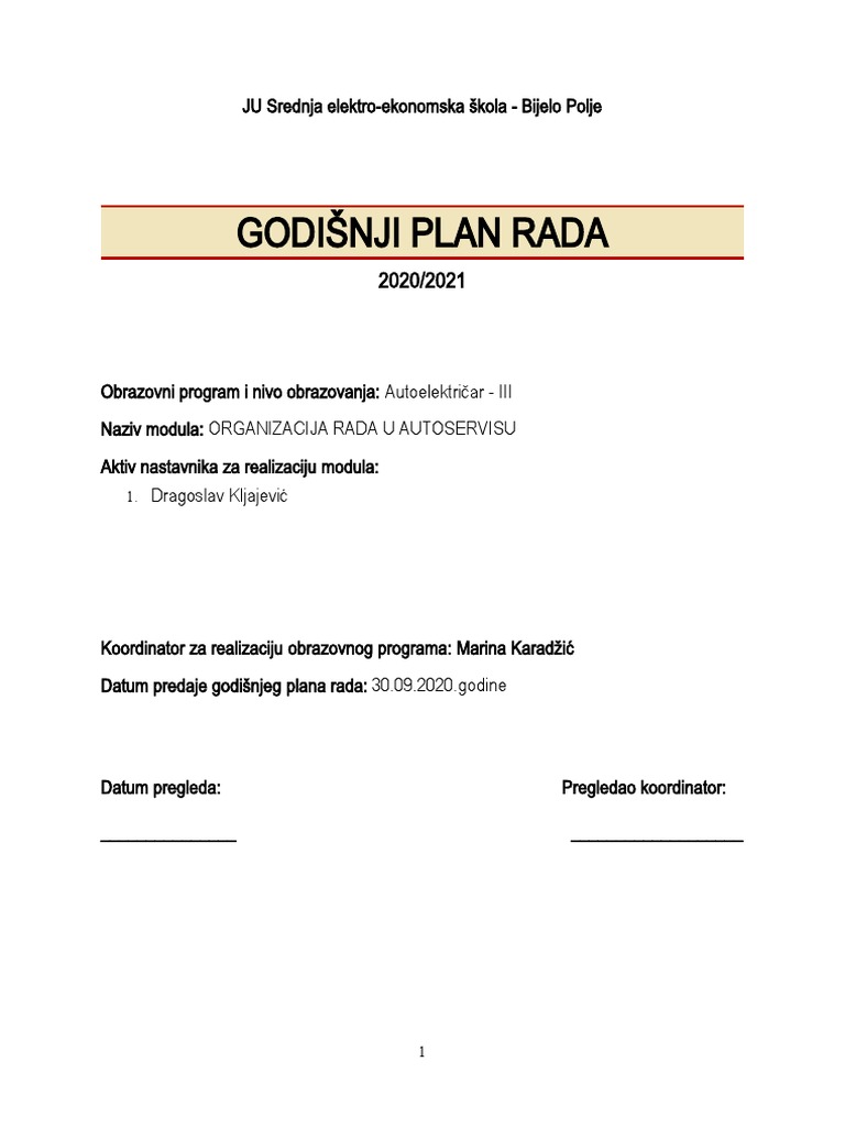 Godišnji Plan Rada | PDF
