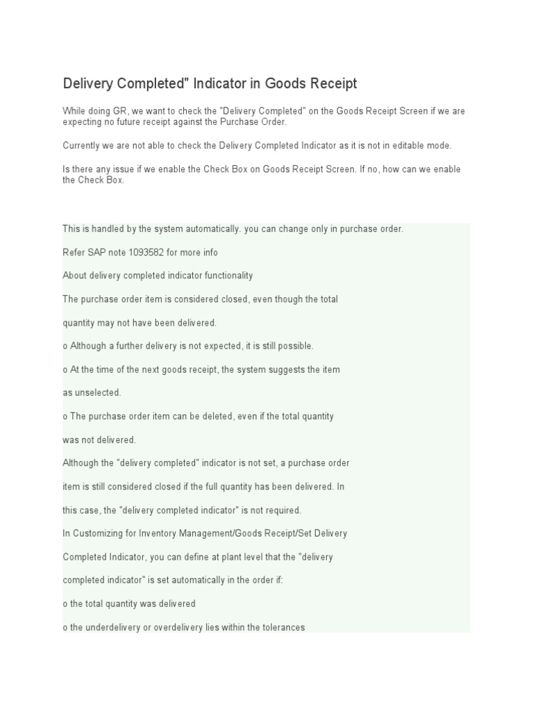 Delivery Completed" Indicator in Goods Receipt | PDF | Receipt | Computing