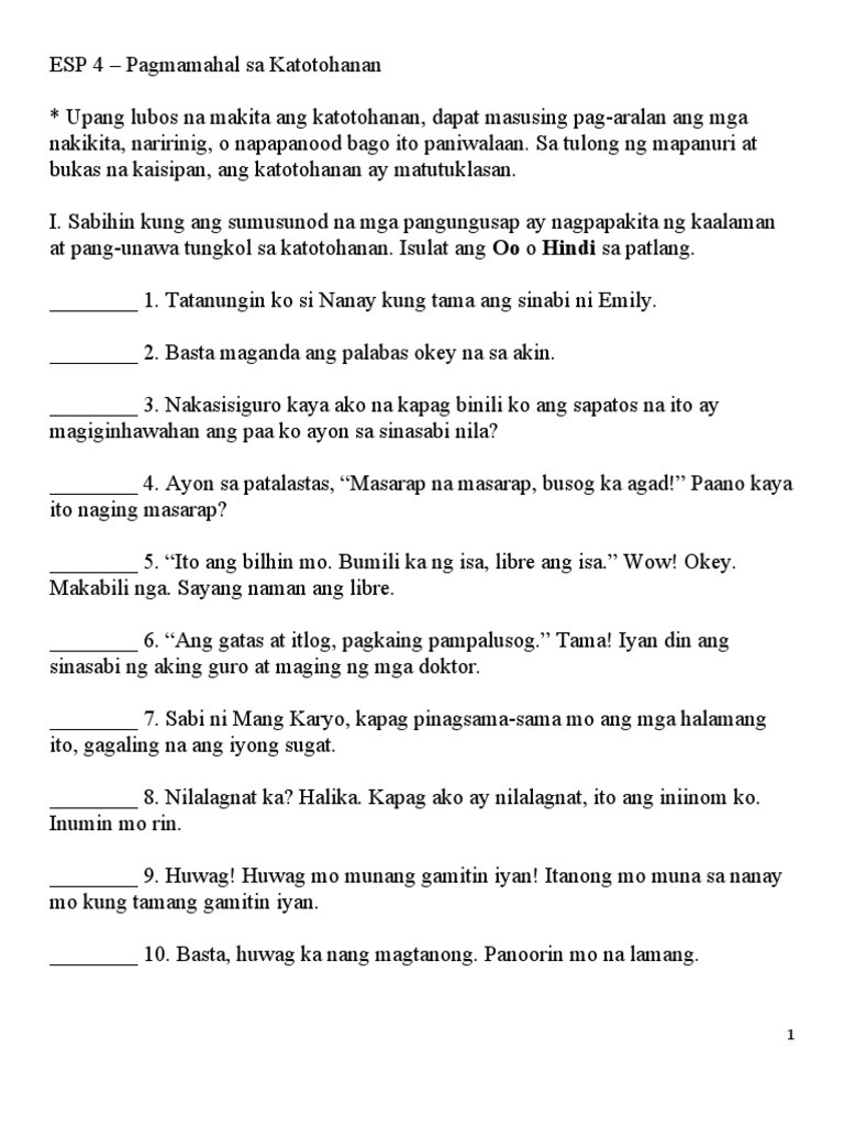 ESP 4 - Pagmamahal Sa Katotohanan | PDF