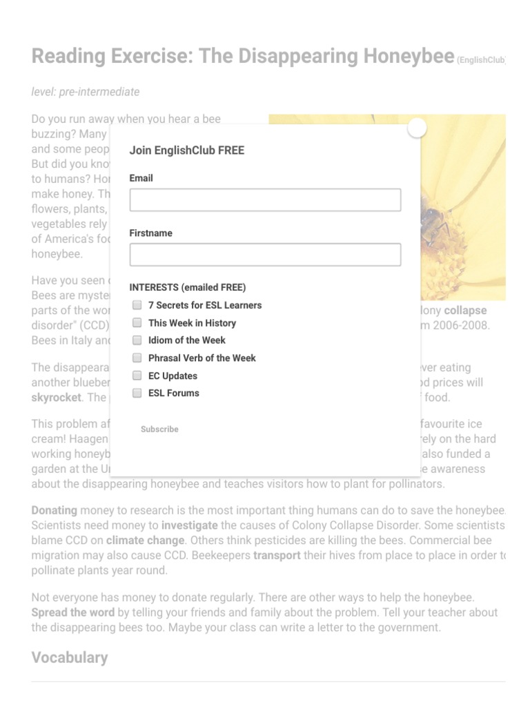 Reading Exercise - The Disappearing Honeybee - EnglishClub | PDF ...