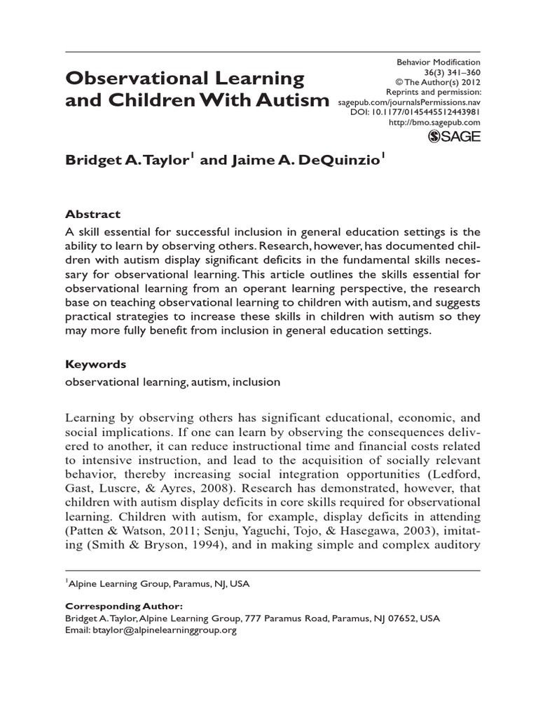Observational Learning Pdf Imitation Autism