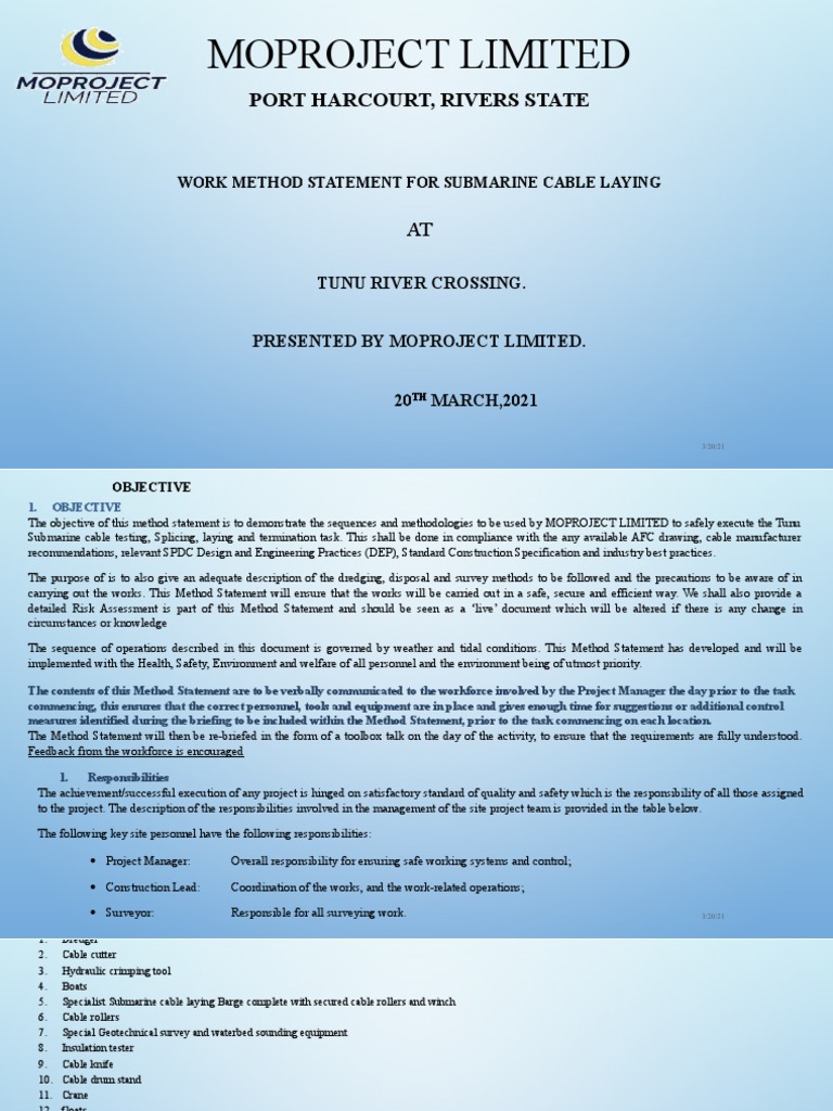 Submarine Cable Laying Method Statement | PDF | Personal Protective ...