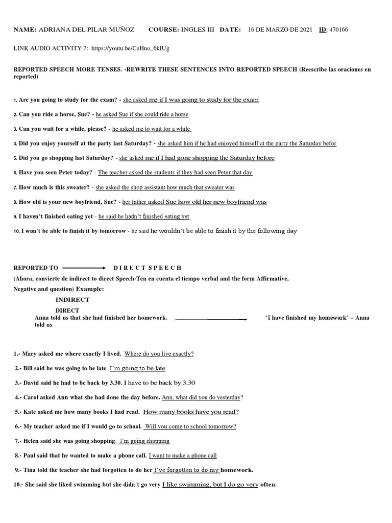 Reported Speech Exercises for English III | PDF