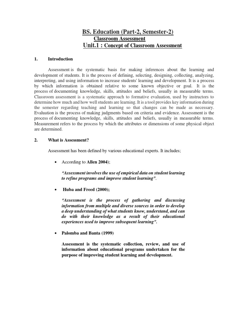 Unit. 1. Concept of Classroom Assessment - Lecture Notes | PDF ...