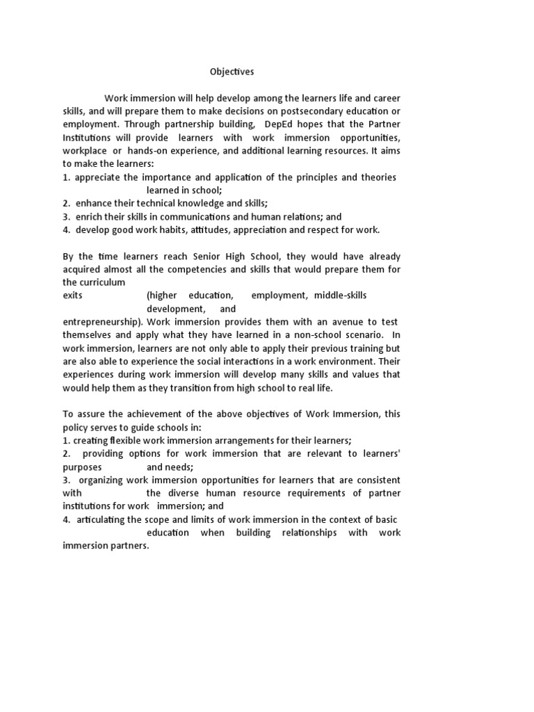 Objectives Work Immersion-WPS Office | PDF
