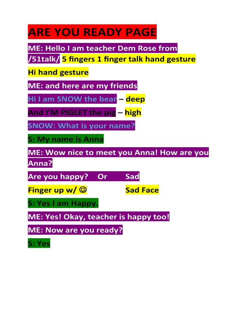Are You Ready Page: ME: Hello I Am Teacher Dem Rose From /51talk | PDF