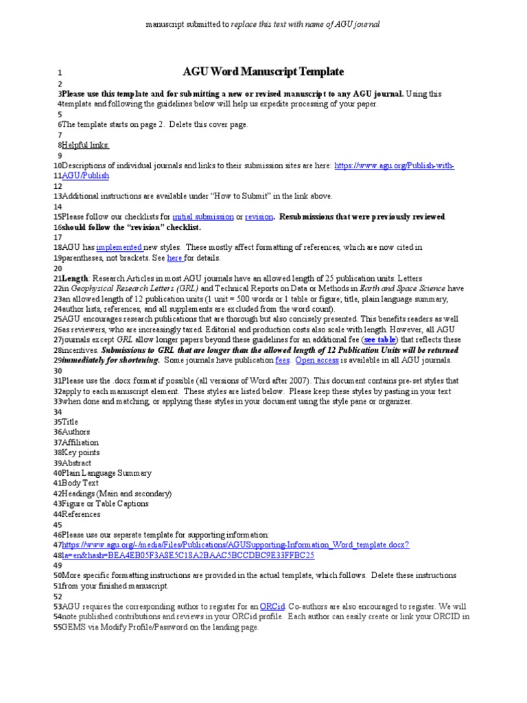 AGU Word Manuscript Template: Immediately For Shortening. Some Journals ...