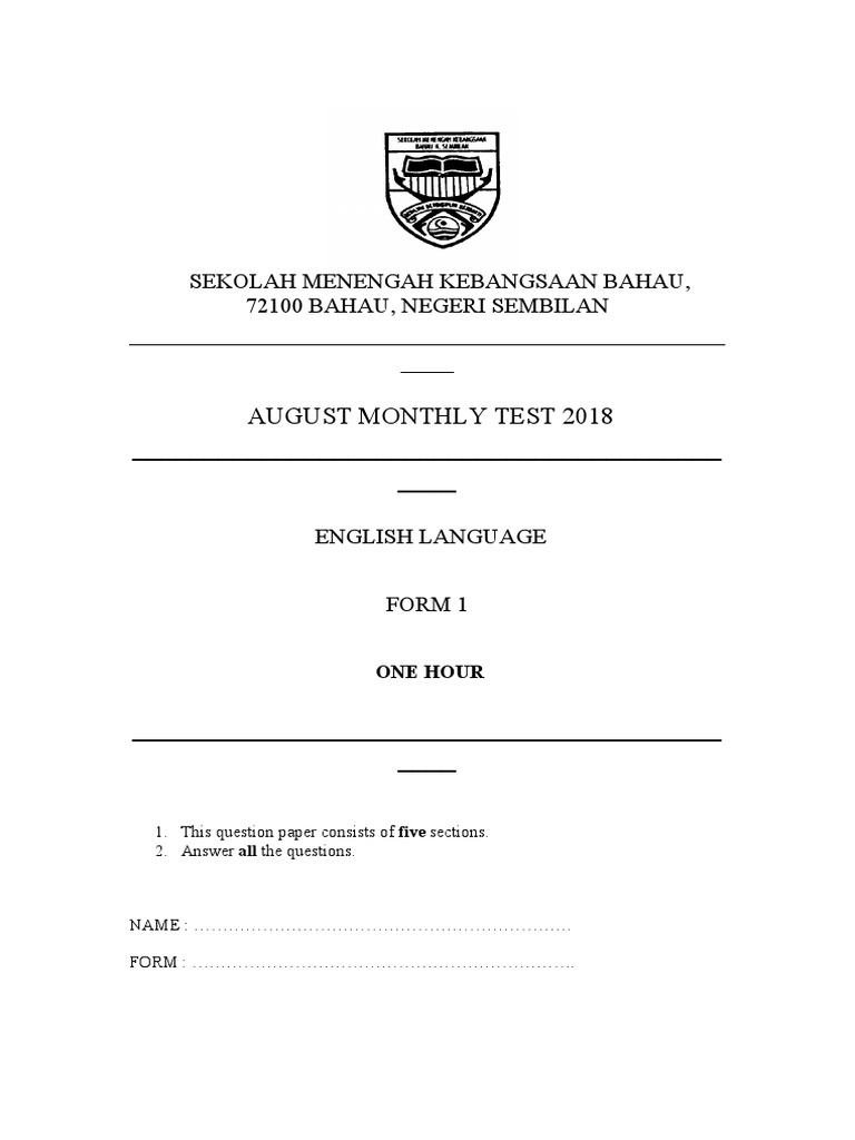 August Monthly Test 2018 Form 1 English Language Question Paper | PDF