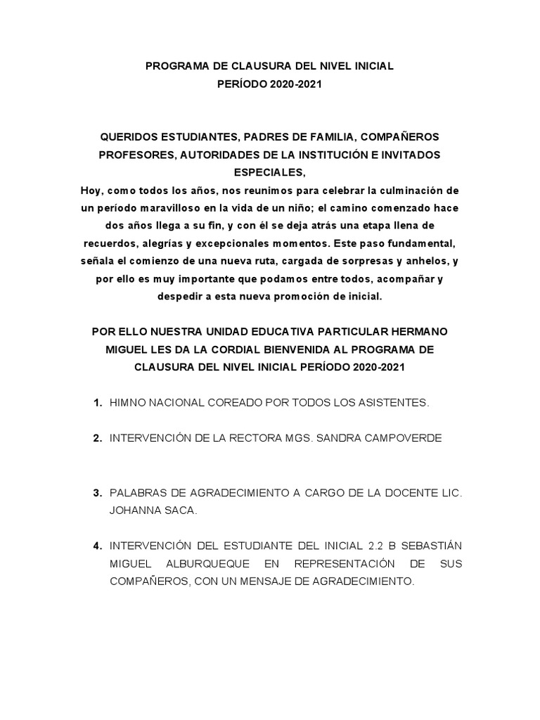 Programa de Clausura Del Nivel Inicial | PDF