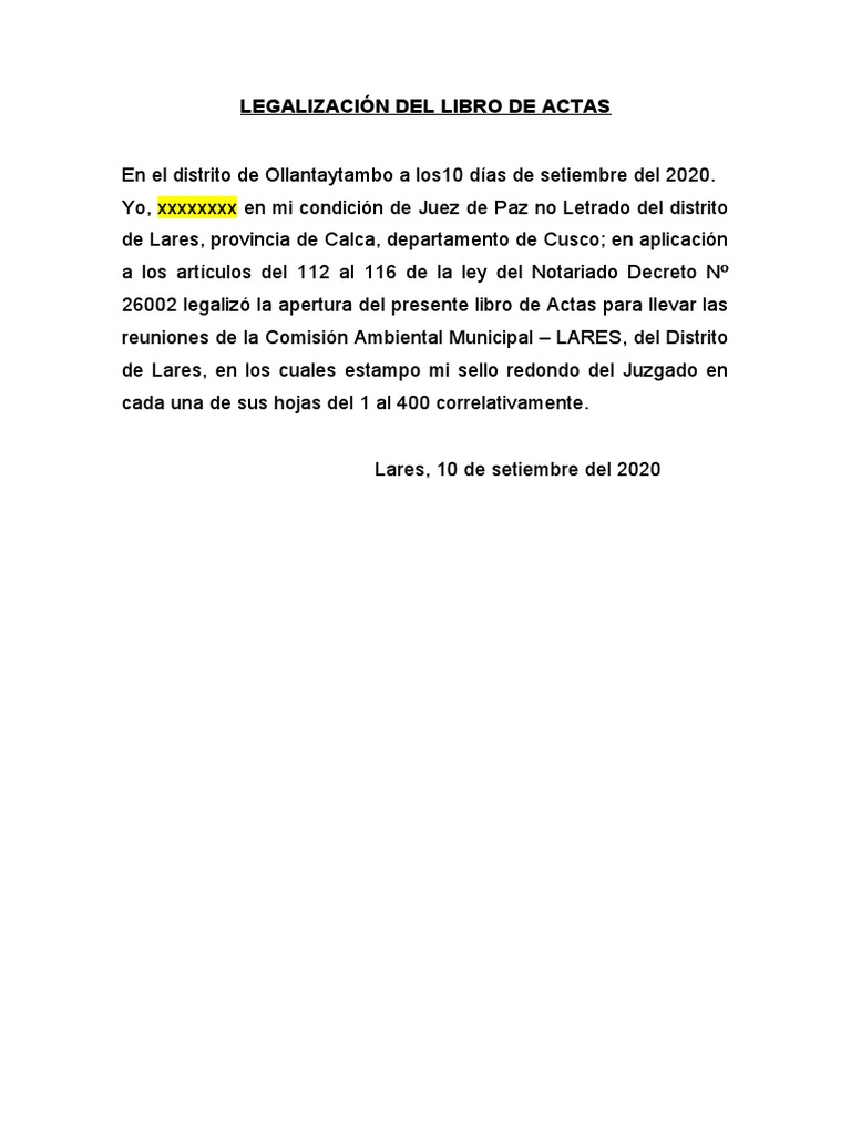 Modelo Legalización Libro de Actas CAM LARES | PDF