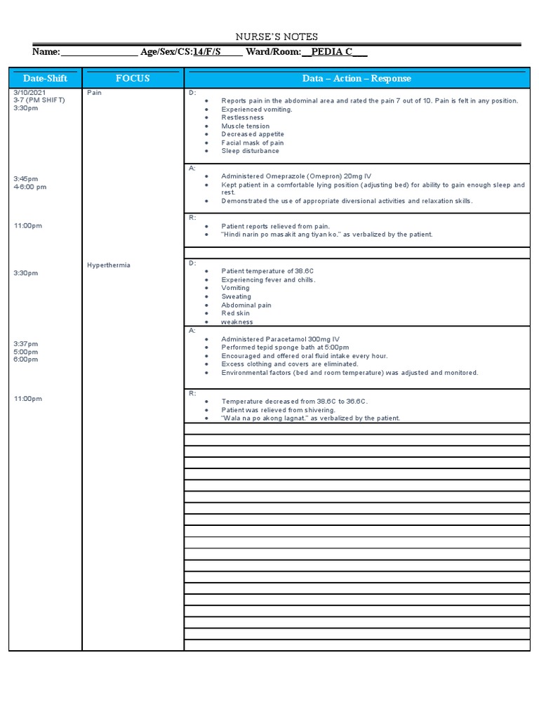 Nurse'S Notes: Date-Shift Focus Data - Action - Response | PDF | Fever ...