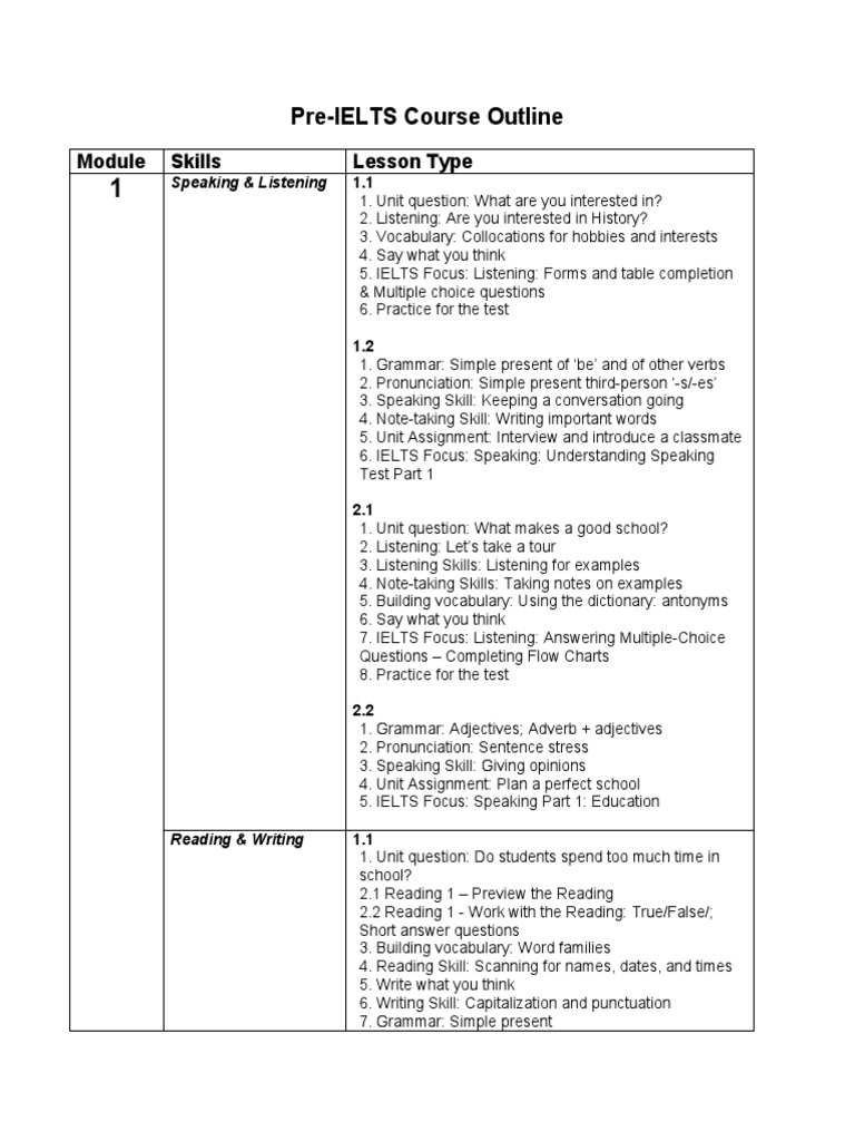 Pre-IELTS Course Outline: Skills Lesson Type | PDF | International ...