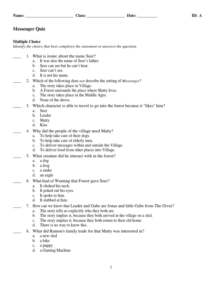 Messenger Lowry Multiple Choice Matching Test | PDF | The Giver