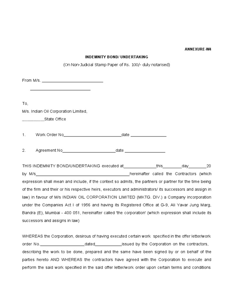Annexure-W4 Indemnity Bond/ Undertaking | PDF | Indemnity | Employment