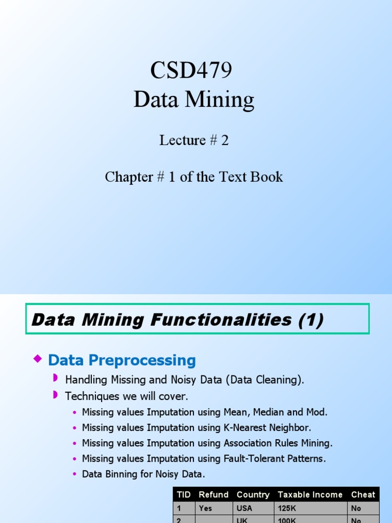 CSD479 Data Mining: Lecture # 2 Chapter # 1 of The Text Book | PDF ...