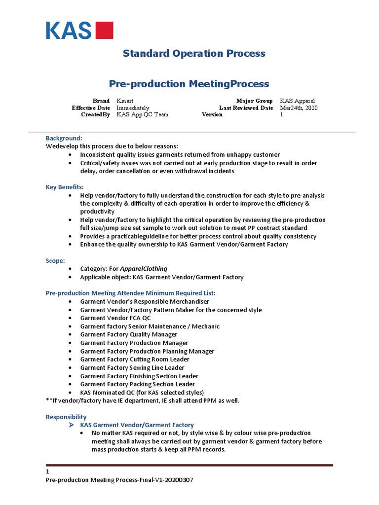 Pre-Production Meeting SOP for Garments | PDF | Sewing | Clothing