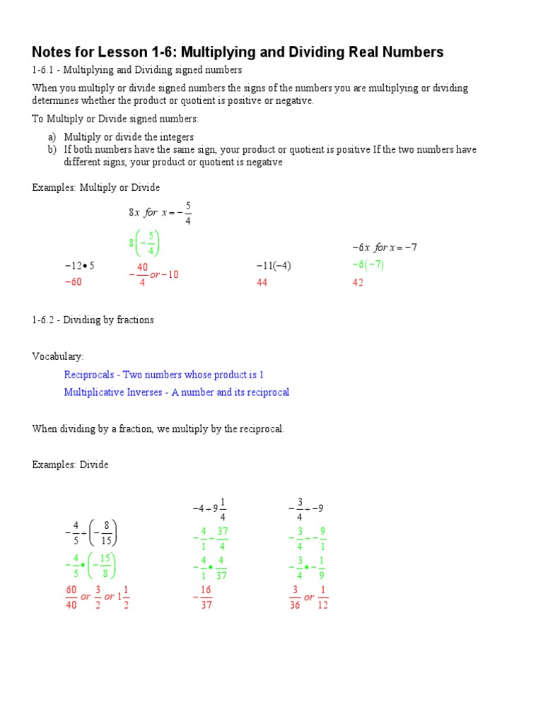 1.6 Multiplying and Dividing Real Numbers | PDF | Multiplication ...
