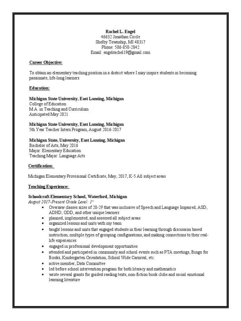 Rachel Engel Resume | PDF | Education Theory | Human Nature