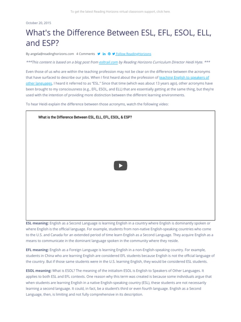 What's The Difference Between ESL, EFL, ESOL, ELL, and ESP | PDF ...