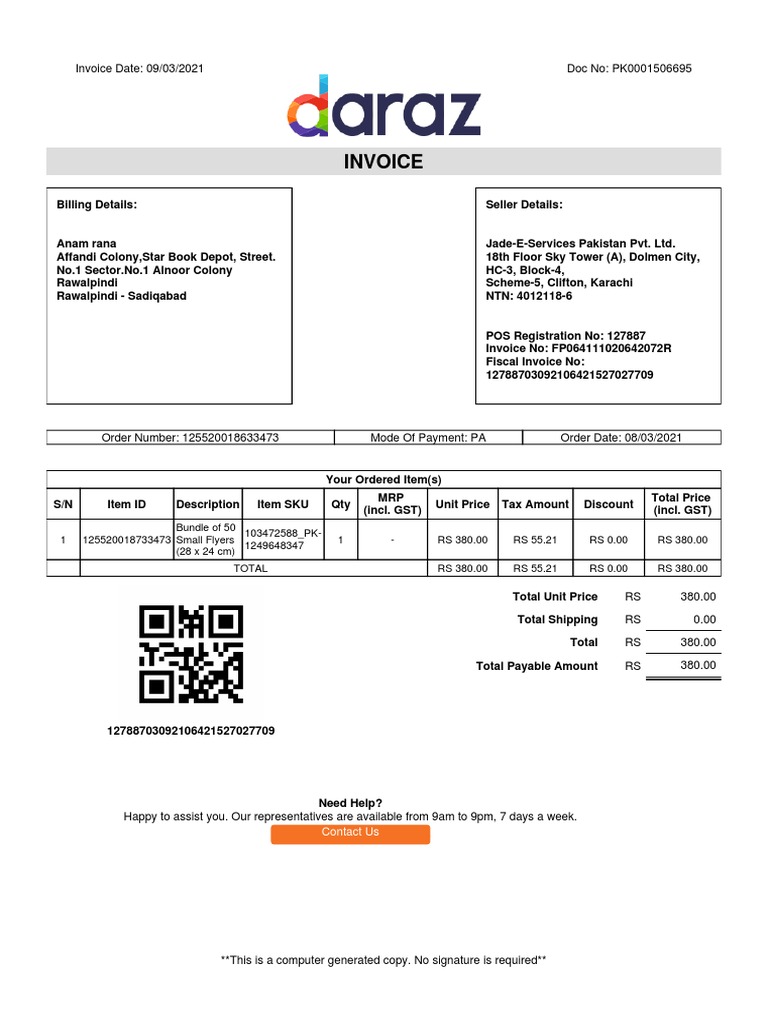 Invoice for the Purchase of 50 Small Flyers from Jade-E-Services ...