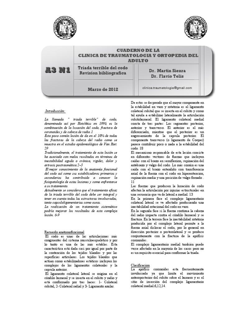 Triada Terrible Del Codo A3N3 | PDF | Codo | Sistema musculoesquelético