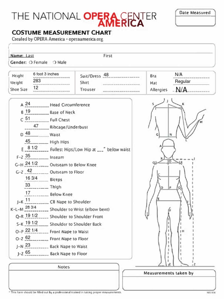 Costume Measurement Chart Template | PDF | Waist | Clothing